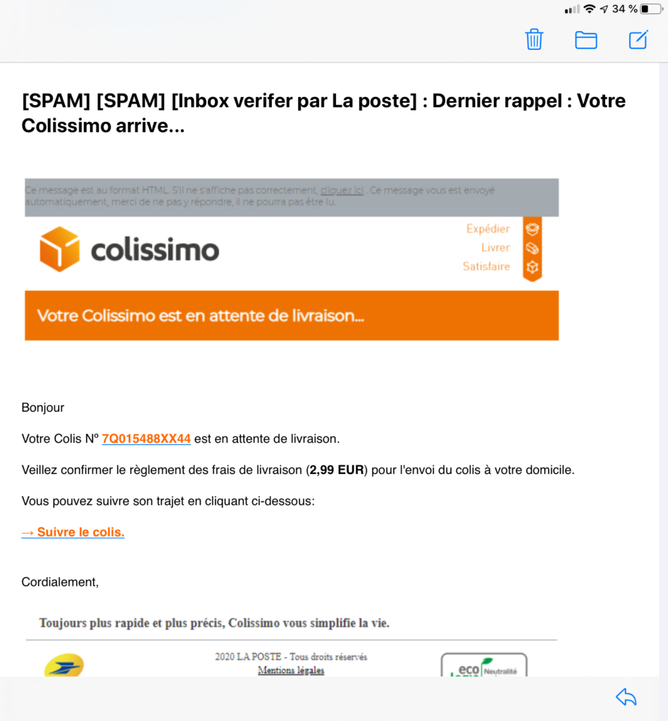 French text message scam pretending to be from La Poste